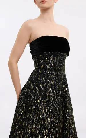 Elie Saab Sequined Strapless Velvet Maxi Dress