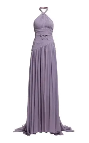 Elie Saab Gathered Halter Top Silk-blend Maxi Dress - Purple