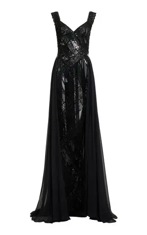 Elie Saab Draped Bead-embroidered Maxi Dress - Black