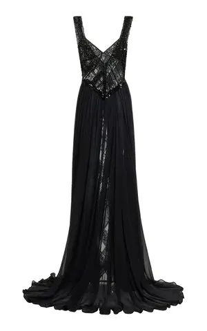 Elie Saab Draped Bead-embroidered Maxi Dress