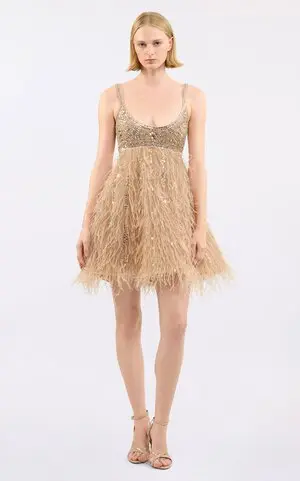 Elie Saab Bead-embroidered Feather-embellished Silk-blend Mini Dress - Tan