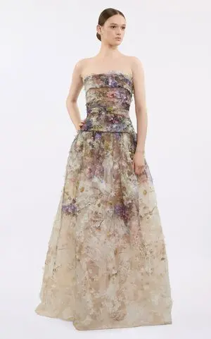 Elie Saab Floral-embellished Strapless Maxi Dress