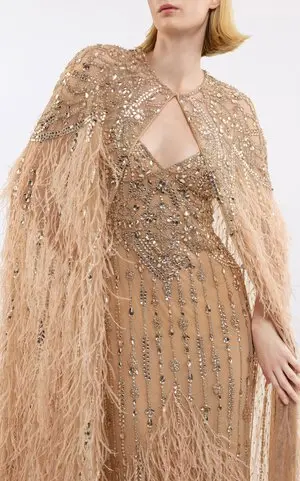 Elie Saab Bead-embroidered Feather-embellished Silk-blend Cape
