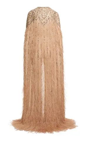 Elie Saab Bead-embroidered Feather-embellished Silk-blend Cape