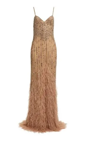 Elie Saab Bead-embroidered Feather-embellished Silk-blend Maxi Dress - Nude