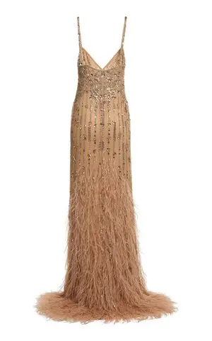 Elie Saab Bead-embroidered Feather-embellished Silk-blend Maxi Dress