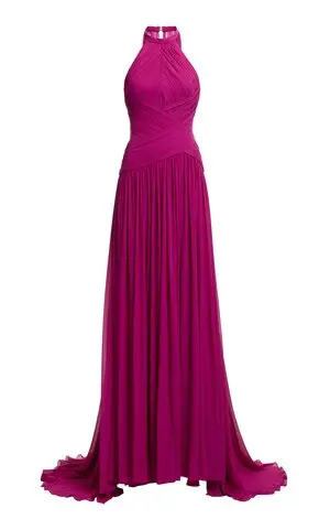 Elie Saab Halter Top Wrapped Bodice Silk-blend Maxi Dress - Pink