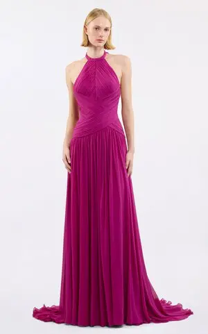 Elie Saab Halter Top Wrapped Bodice Silk-blend Maxi Dress
