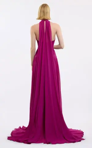 Elie Saab Halter Top Wrapped Bodice Silk-blend Maxi Dress