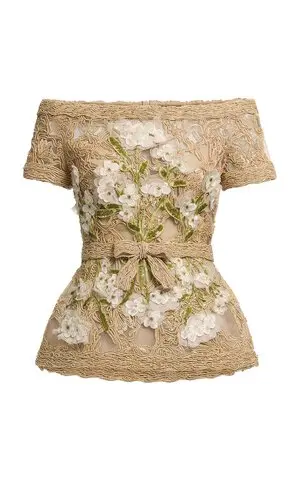 Elie Saab Floral-embellished Raffia-embroidered Off-the-shoulder Top - Neutral
