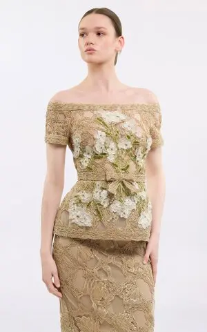 Elie Saab Floral-embellished Raffia-embroidered Off-the-shoulder Top