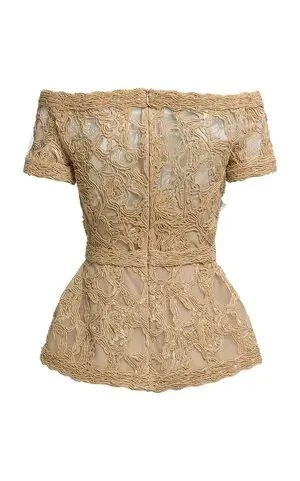 Elie Saab Floral-embellished Raffia-embroidered Off-the-shoulder Top