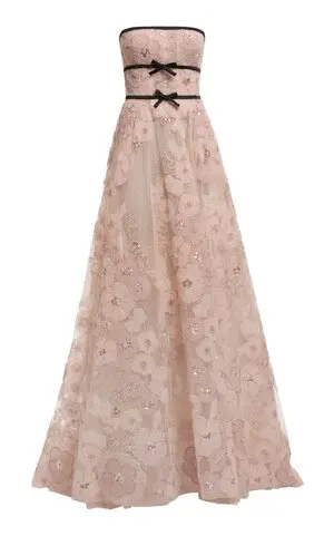 Elie Saab Strapless Floral Bead-embroidered Maxi Dress - Pink