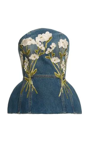 Elie Saab Floral-embellished Denim Corset - Medium Wash
