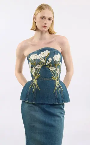 Elie Saab Floral-embellished Denim Corset