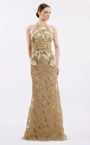Elie Saab Floral-embellished Raffia-embroidered Halter Top Gown
