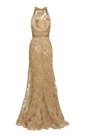 Elie Saab Floral-embellished Raffia-embroidered Halter Top Gown