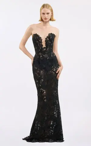 Elie Saab Strapless Lace Maxi Dress