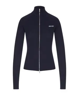 Miu Miu Logo-embroidered Zip-up Cardigan - Navy Blue