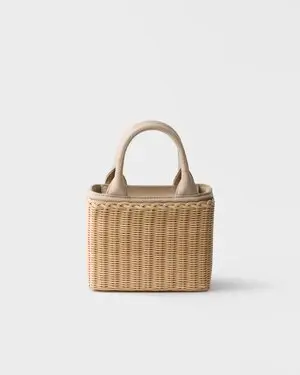 Prada Small Wicker And Canvas Tote Bag