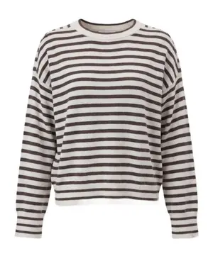 Closed Long-sleeved Striped Pullover - Reddish-brown