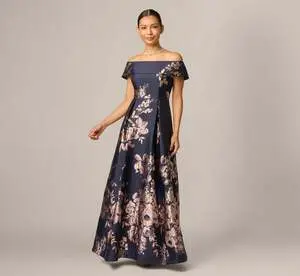 Adrianna Papell Off-shoulder Metallic Floral Jacquard Gown - Navy/blush