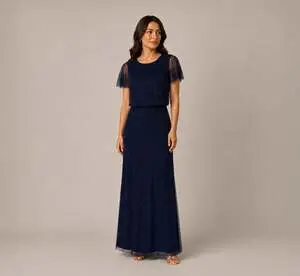 Adrianna Papell Petite Flutter Sleeve Floral Beaded Blouson Gown - Navy
