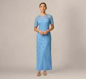 Adrianna Papell Long Hand-beaded 3d Floral Sheath Dress With Elbow Sleeves - Bluebell
