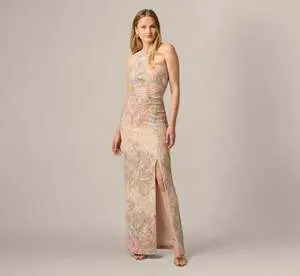 Adrianna Papell One Shoulder Floral Matelasse Column Gown