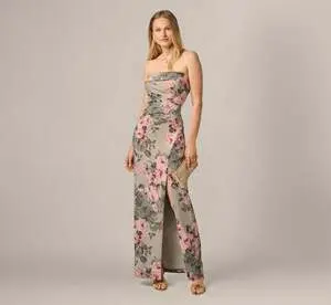 Adrianna Papell Strapless Floral Matelasse Column Gown In Slate Blush Multi
