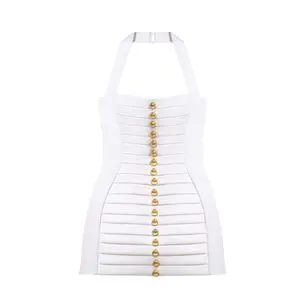 NOCTURNE Halterneck Ruched Mini Dress With Gold Button Detail