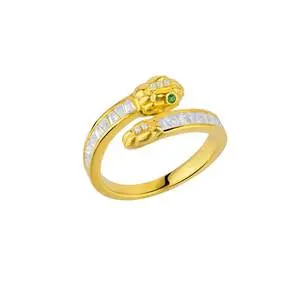 SPERO LONDON Baguette Snake Ring With Green Eyes In Sterling Silver - Gold