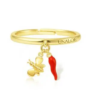 UNALOE Gold Plated Sterling Silver Bee And Italian Horn Charm Ring