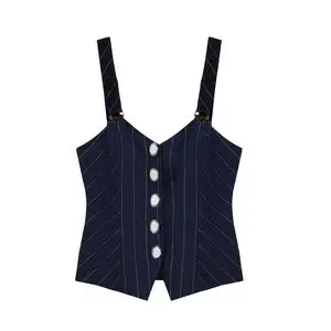 NOCTURNE Navy Pinstripe Corset Bustier Top