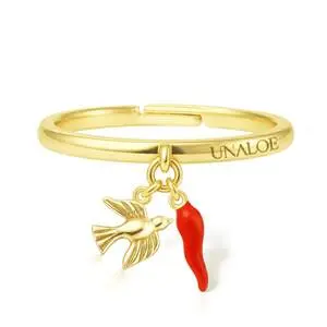 UNALOE Gold / Red Adjustable Gold Plated Italian Horn And Dove Charm Ring - Gold/red