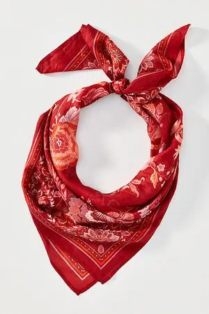 Vismaya 100% Silk Scarf With Floral Print - Dark Red