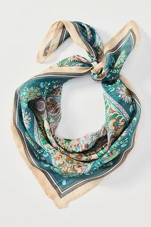 Vismaya 100% Silk Scarf With Floral Print - Light Blue