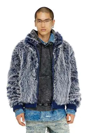 DIESEL® Shaggy Faux Fur Bomber Jacket With Stand Collar - Blue