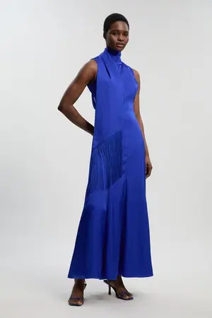 Karen Millen Satin Cowl Neck Scarf Fringe Maxi Dress - Cobalt