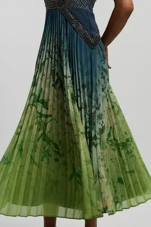Karen Millen Embellished Ombre Floral Pleated Maxi Dress