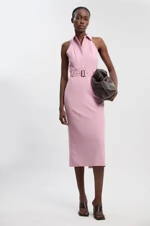 Karen Millen Collard Halter Neck Belted Midi Dress - Pink