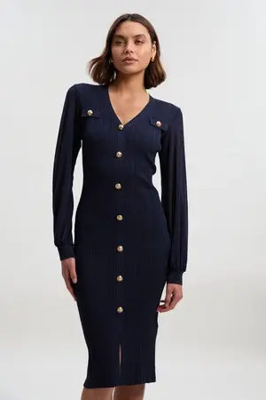 Karen Millen V-neck Sleeveless Rib Knit Midi Dress