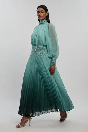 Karen Millen Long Sleeve High Neck Pleated Maxi Dress - Green