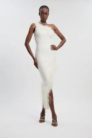 Karen Millen Feather Trimmed One-shoulder Maxi Dress - Ivory