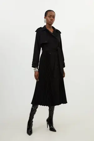 Karen Millen Belted Trench Coat With Pleated Skirt - Black