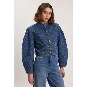 Karen Millen Quilted Denim Jacket With Balloon Sleeves - Blue