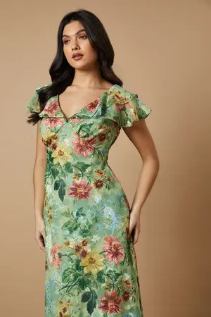 OASIS Floral Satin Burnout Midi Dress