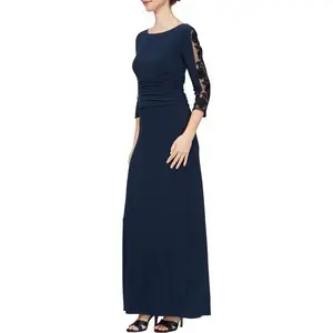 SL FASHIONS Ruched Waist Sheer Sleeve Gown - Navy