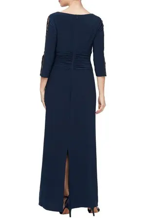 SL FASHIONS Ruched Waist Sheer Sleeve Gown