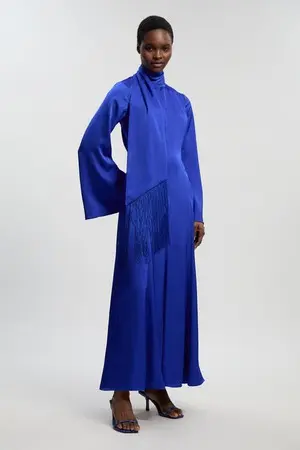 Karen Millen High Neck Long Sleeve Maxi Dress With Fringe Detail - Cobalt